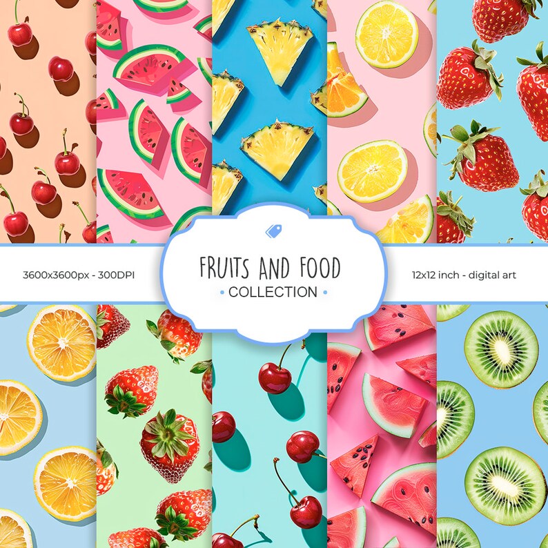 Fruits & Food Pattern / Digital Paper / Lemon / Pinapple / Strawberry ...