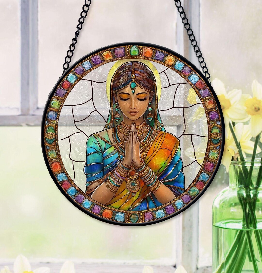 Indian Woman Ornament With Prayer Pose Faux Stained Glass, Sacred ...