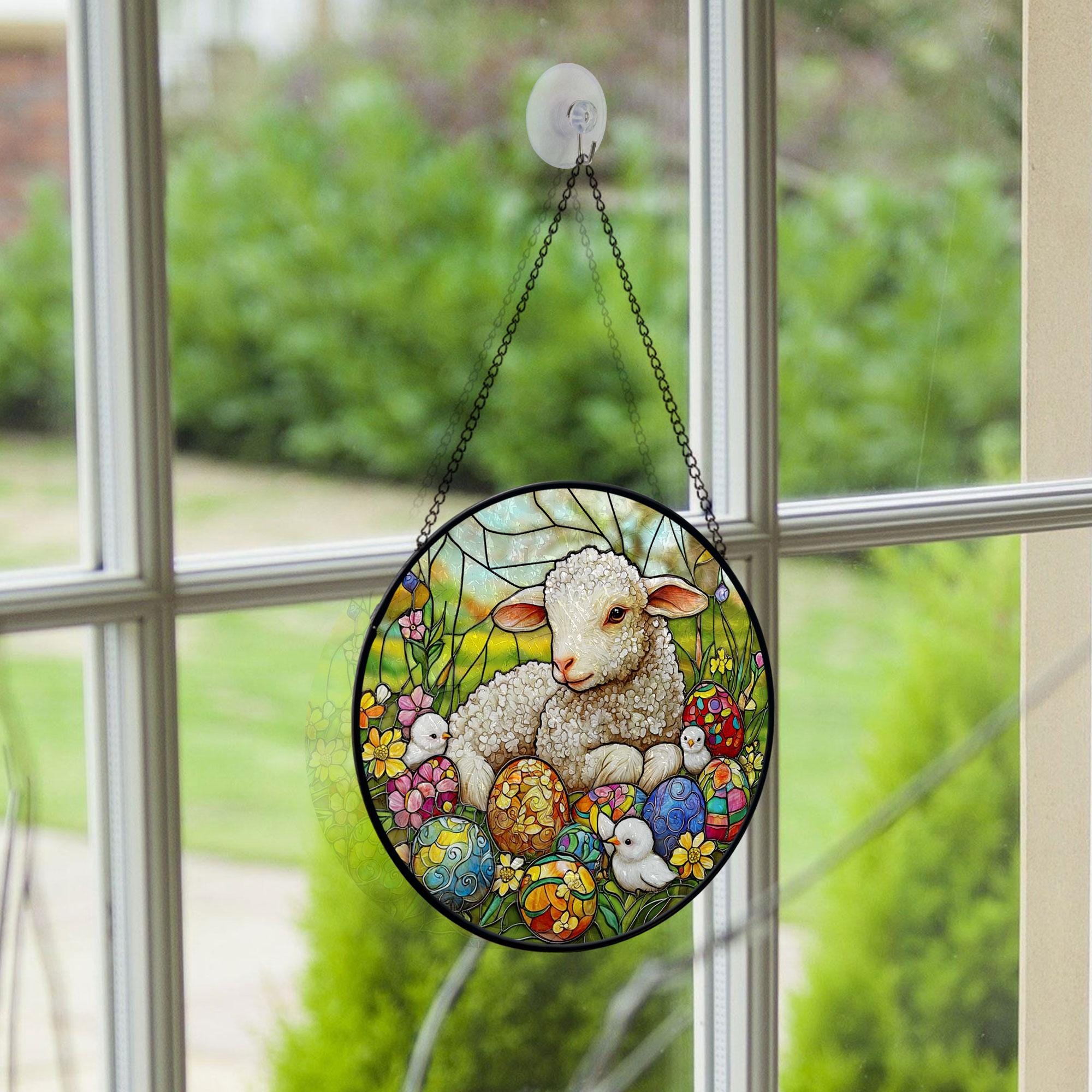 Easter Lamp and Colorful Eggs Faux Stained Glass Suncatcher Ornament ...