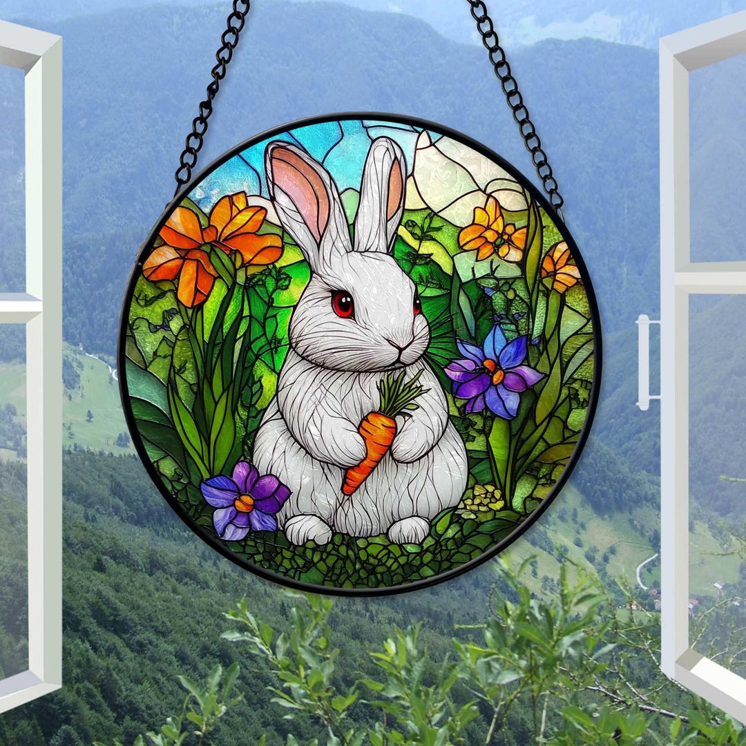 White Rabbit Suncatcher, Stained Glass Bunny Window Art, Colorful ...
