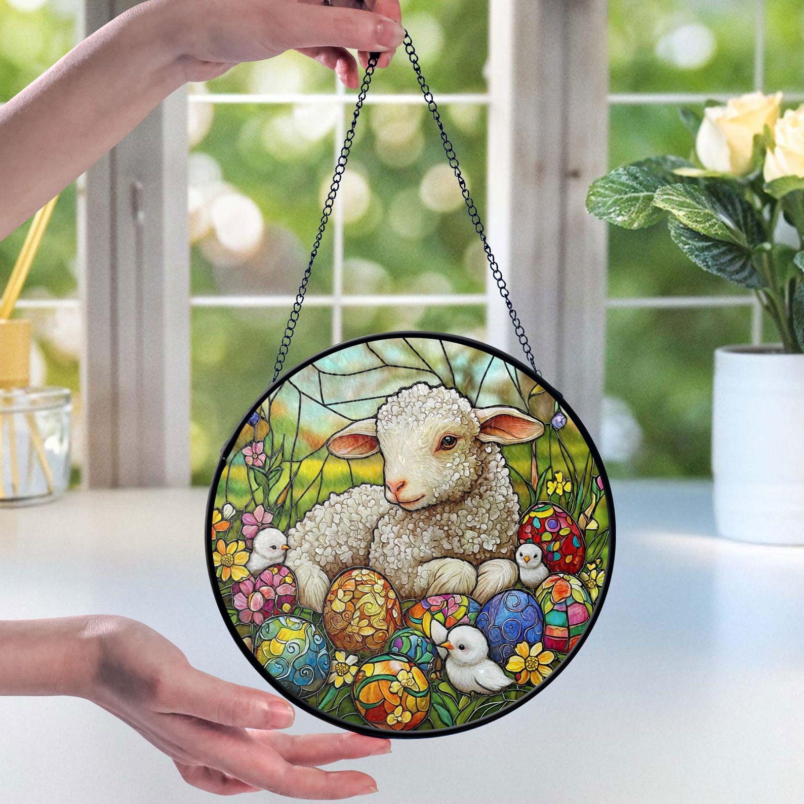 Easter Lamp and Colorful Eggs Faux Stained Glass Suncatcher Ornament ...