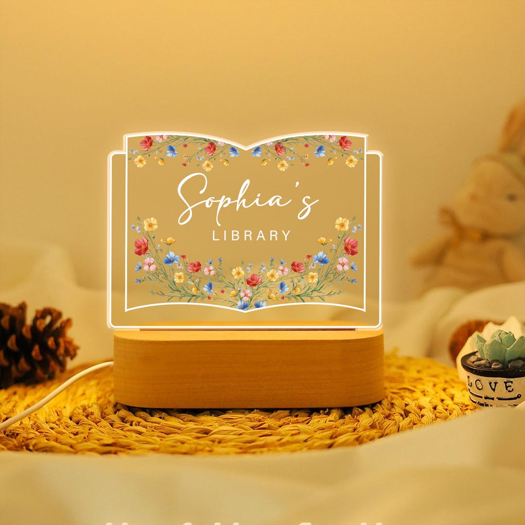 Personalized Night Light, Custom Book-shaped LED Light, Floral Decor ...