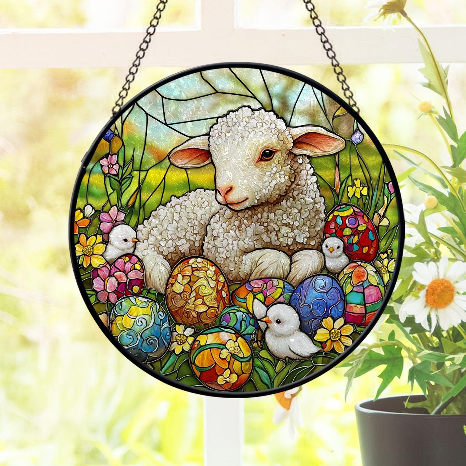 Easter Lamp and Colorful Eggs Faux Stained Glass Suncatcher Ornament ...