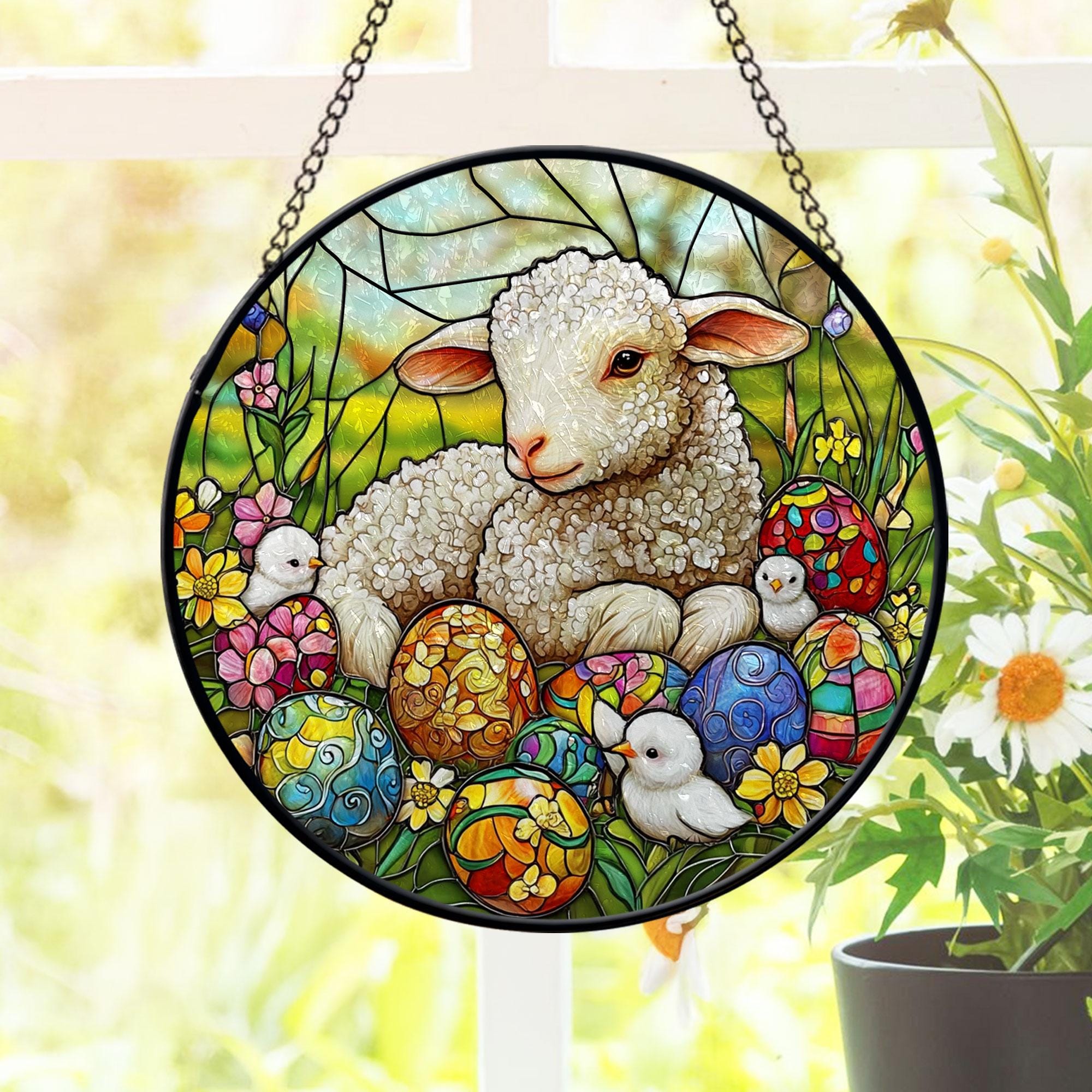 Easter Lamp and Colorful Eggs Faux Stained Glass Suncatcher Ornament ...