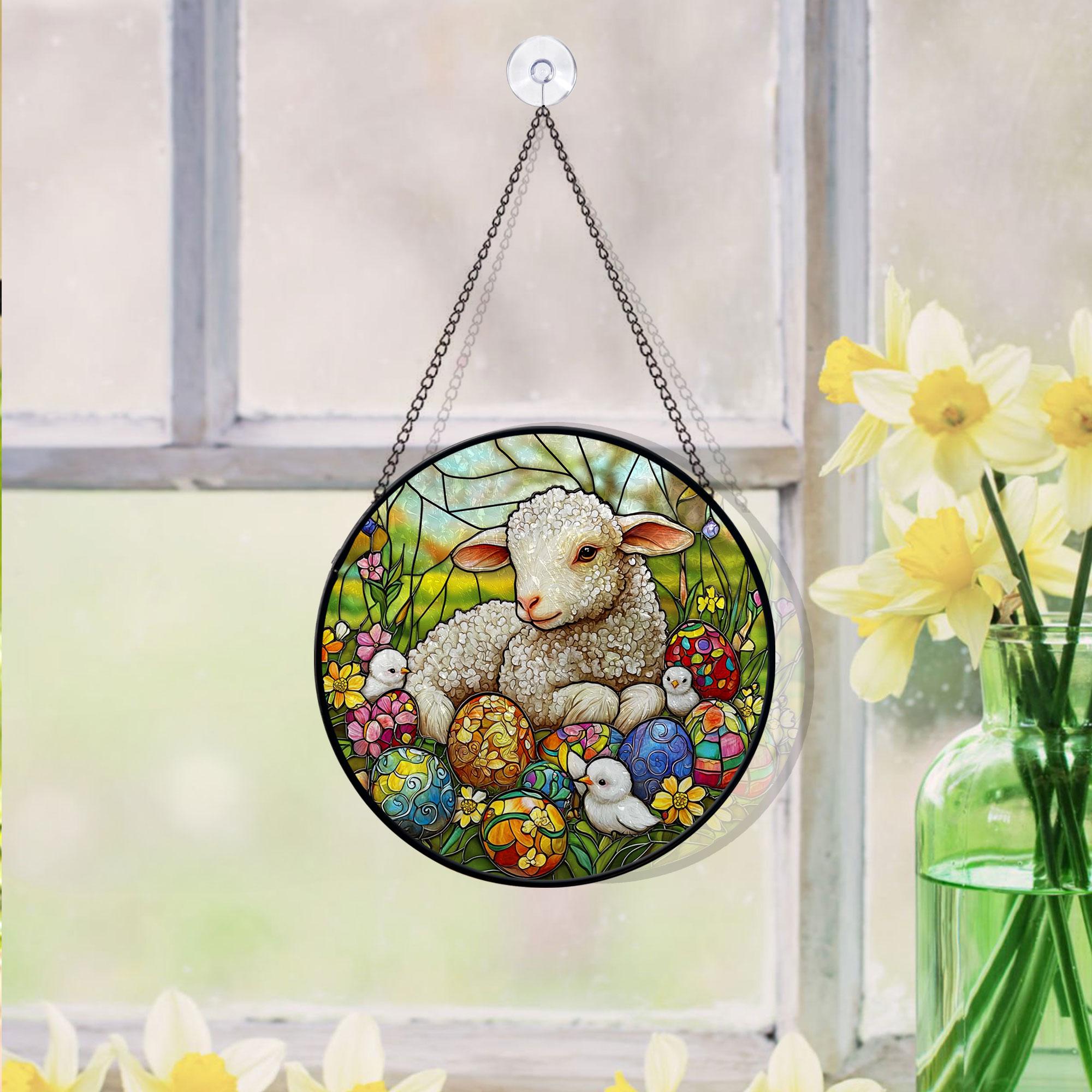 Easter Lamp and Colorful Eggs Faux Stained Glass Suncatcher Ornament ...