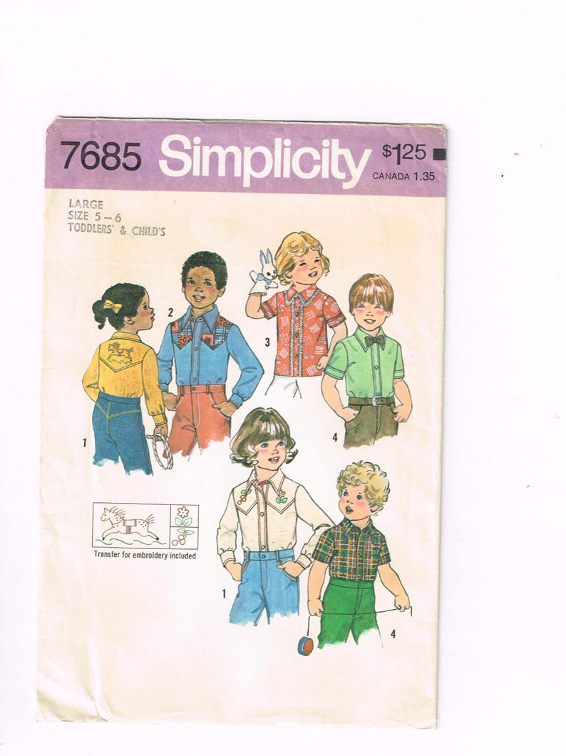 Vintage Simplicity Pattern 7685, 1976, Toddlers' & Child's Shirts, Size ...