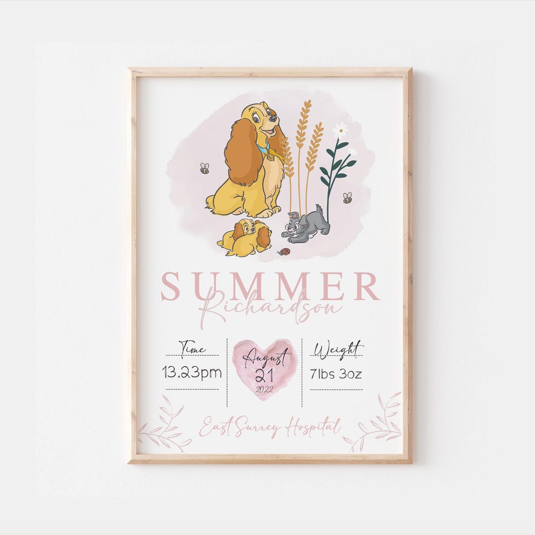 Personalised Lady and the Tramp Disney Birth Print, Lady Nursery Decor ...