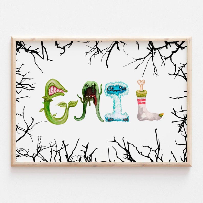 Personalised Monster Letter Name Print, Monster Name Print Bedroom ...