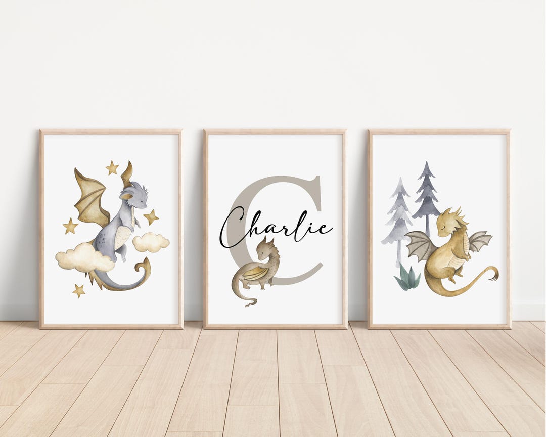 SET OF 3 Personalised Baby Dragons Prints, Kids Bedroom Decor, Baby ...