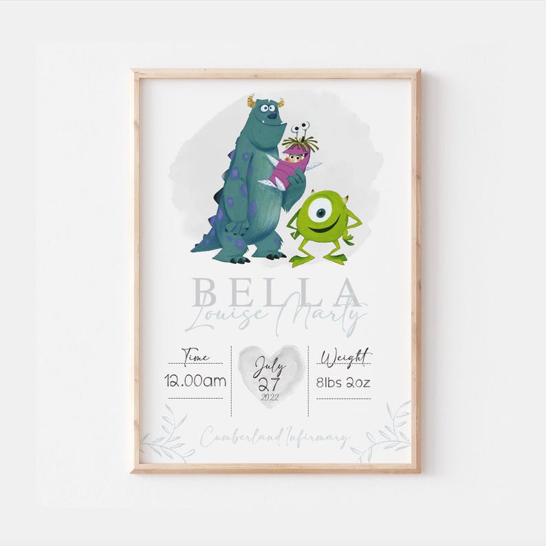 Personalised Monster Inc Disney Birth Print, Mike and Sully Nursery ...