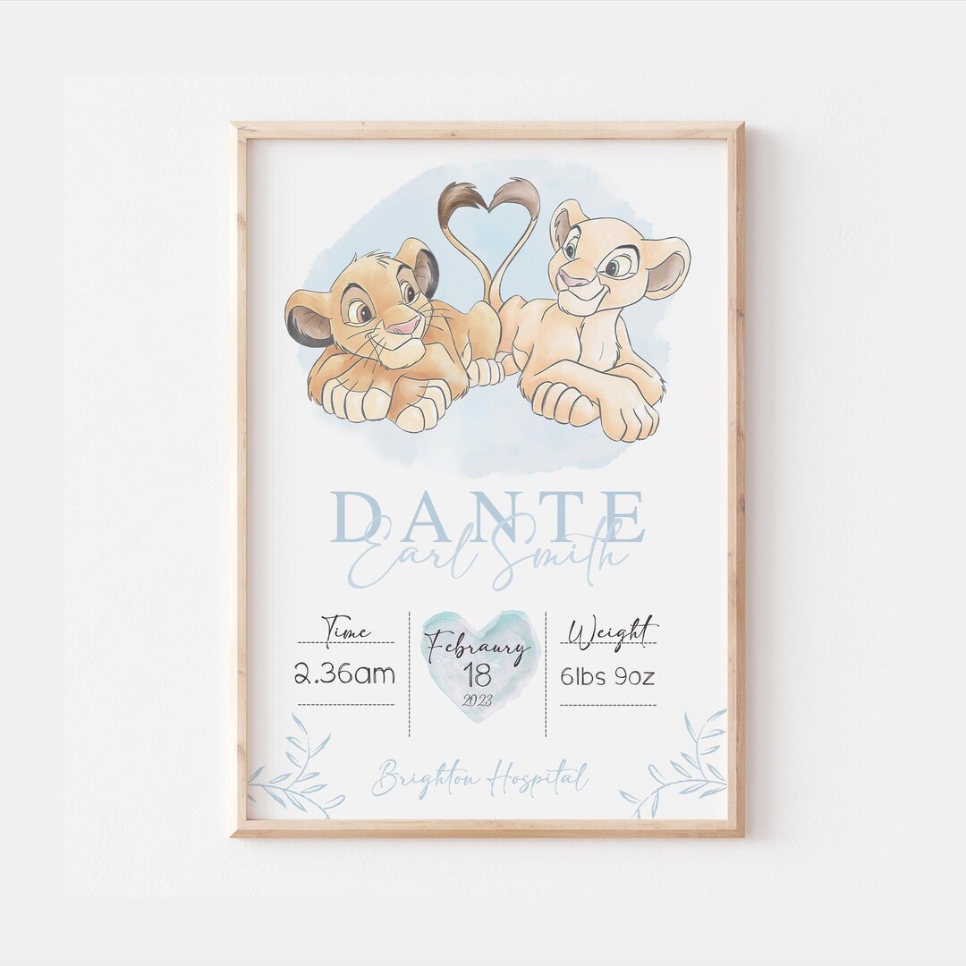 Personalised Lion King Simba and Nala Disney Birth Print, Simba Nala ...