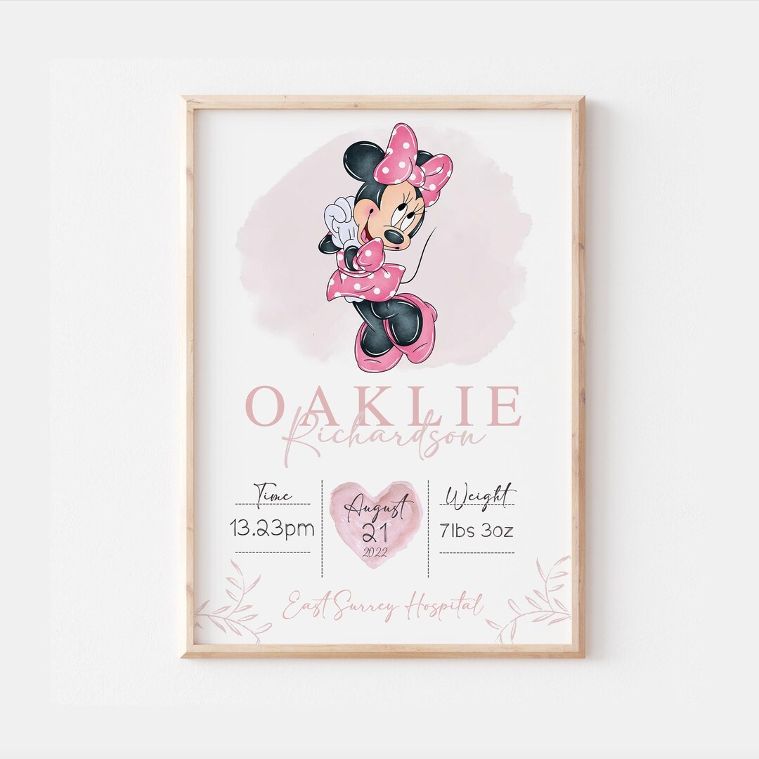 Personalised Minnie Mouse Disney Birth Print, Minnie Mouse Nursery ...