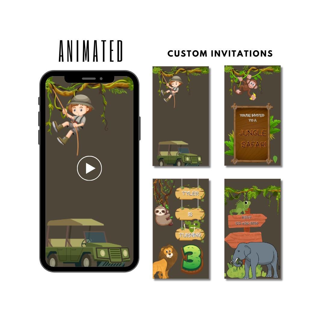Jungle Safari Party Evite, Animated Video Invitation, Editable Canva ...