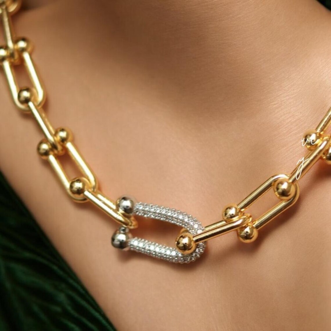 18K Gold Chunky U Shaped Chain, Charm Necklace, Pin Necklace, U Link ...