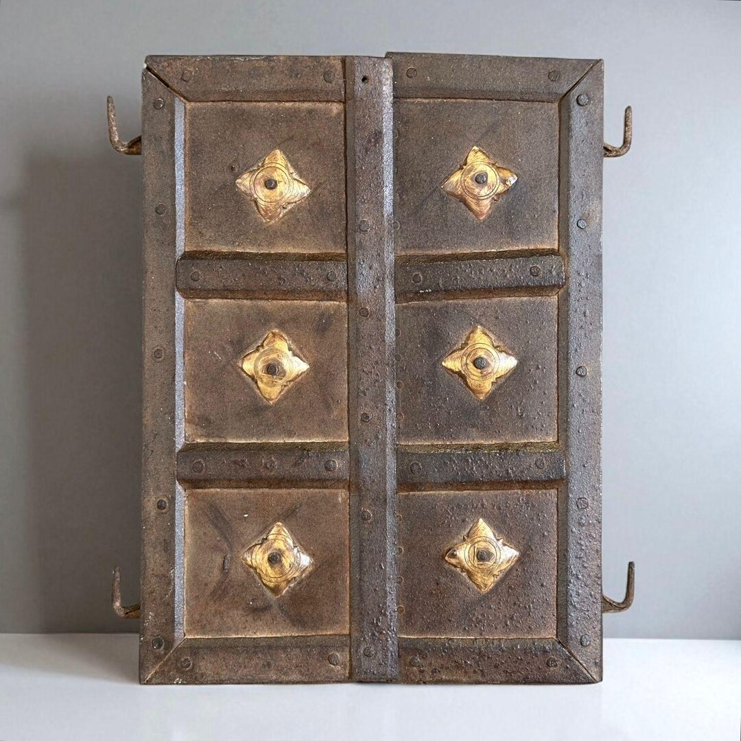 Antique Hand-carved Indian Wood Window, Brass Inlay, Rustic Wall Decor ...