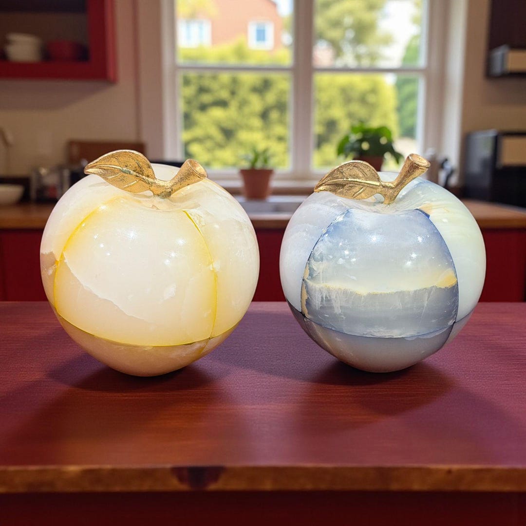 Onyx Apple Decor Set: Yellow & Blue Stone Fruit With Brass Leaf - Etsy