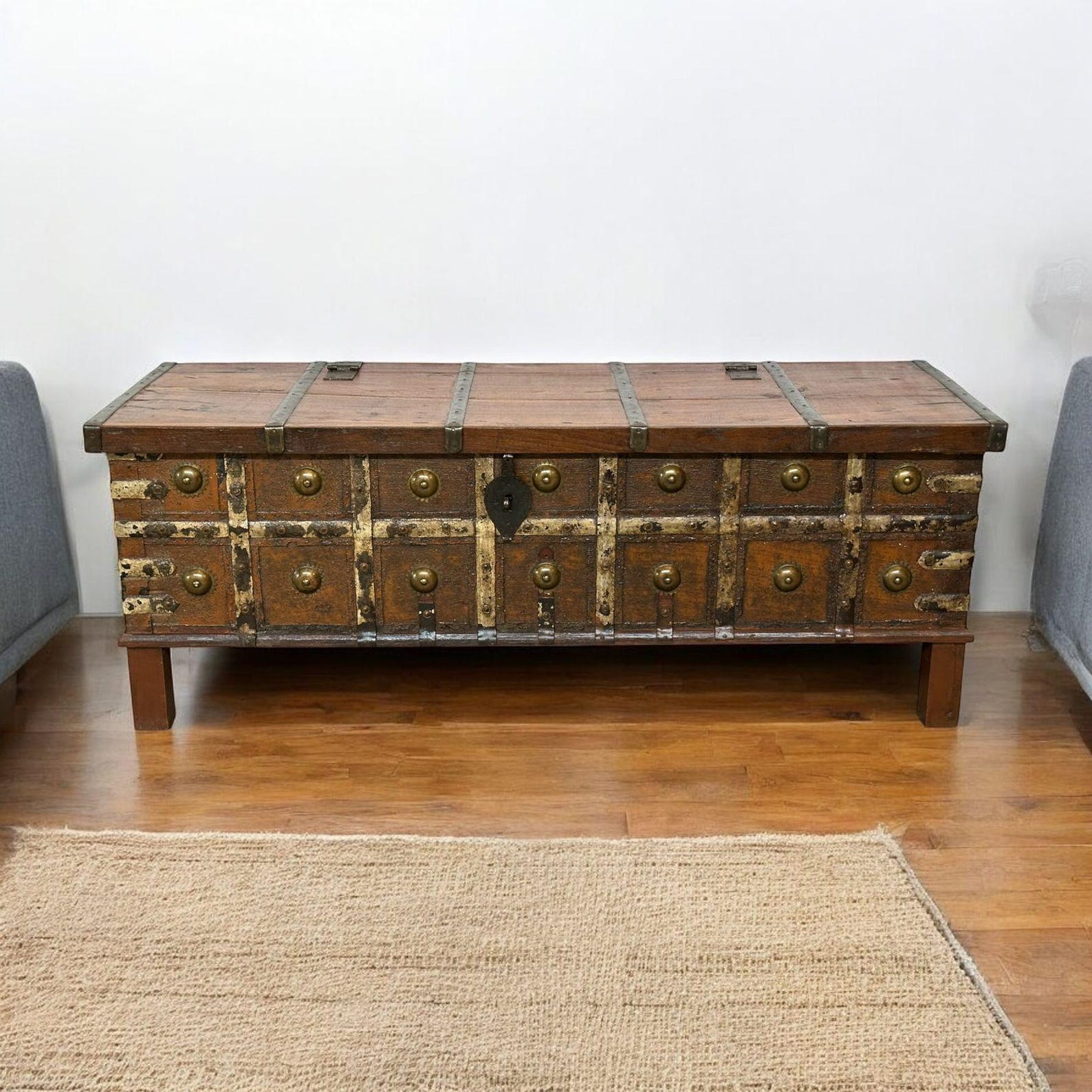 Vintage Teak Chest – 90-year-old Wooden Coffee Table With Metal ...