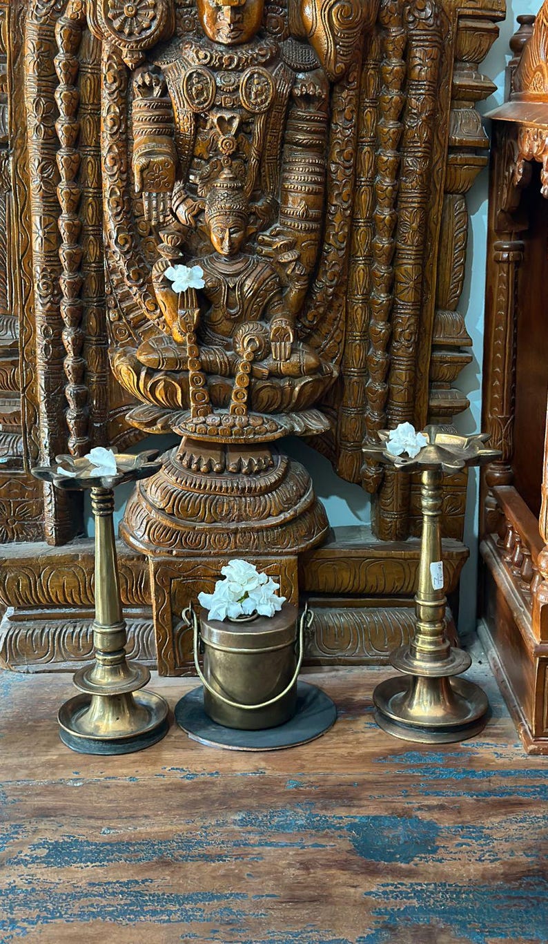 Vintage Brass Oil Lamp Set – Tall Indian Deepam Temple Decor (4x10 ...