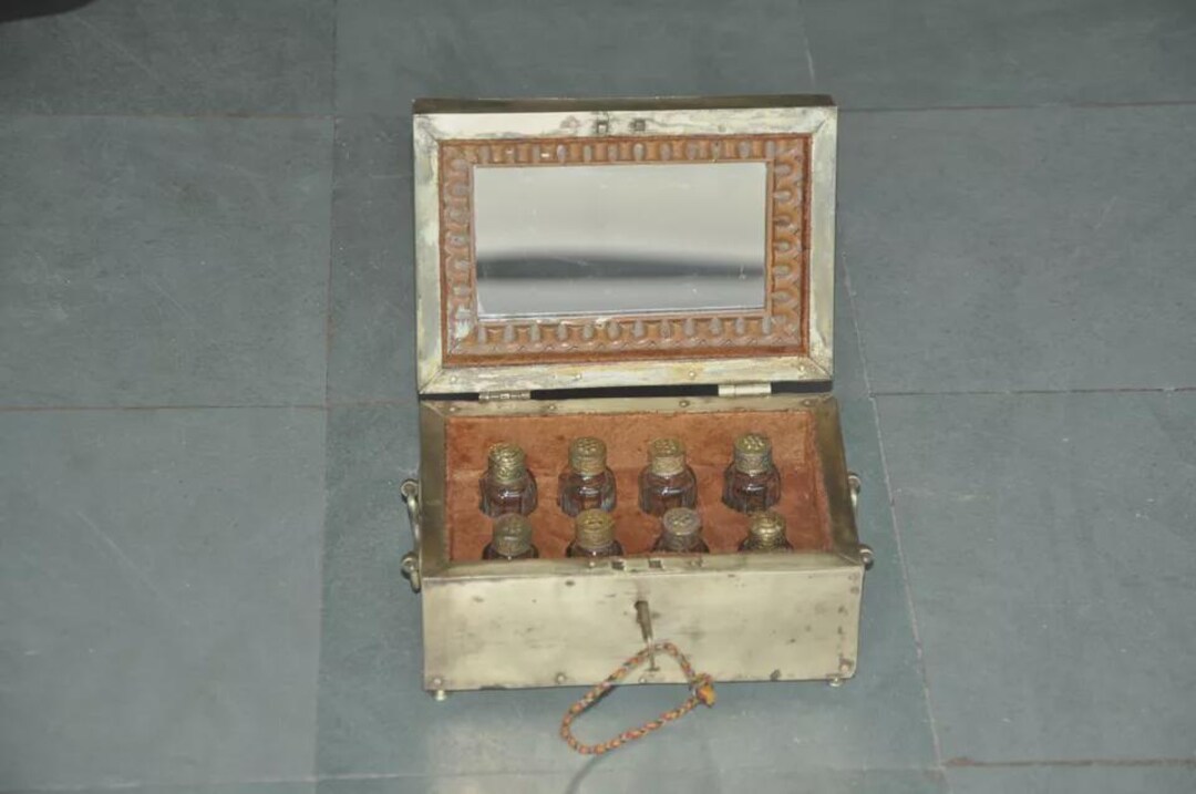 Antique Brass Perfume Bottle Chest, Vintage Apothecary Vanity Box With ...