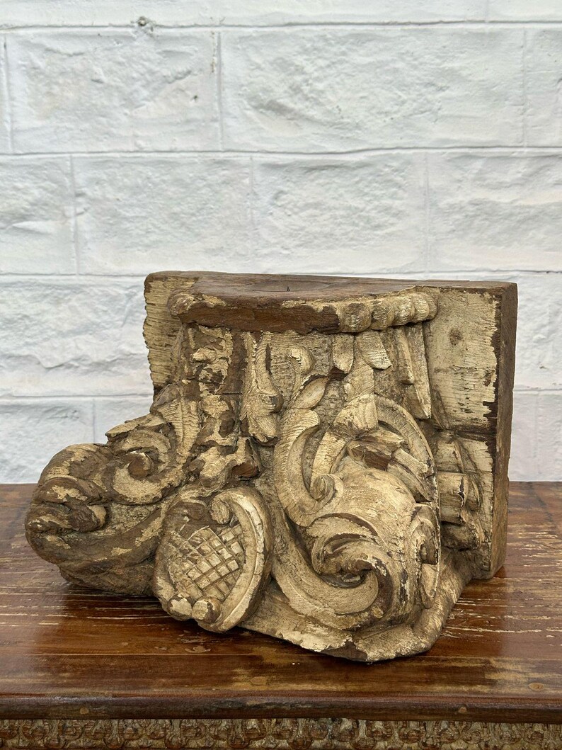 Antique Wooden Pillar Fragment | Hand-carved Teak Capital With Gold ...