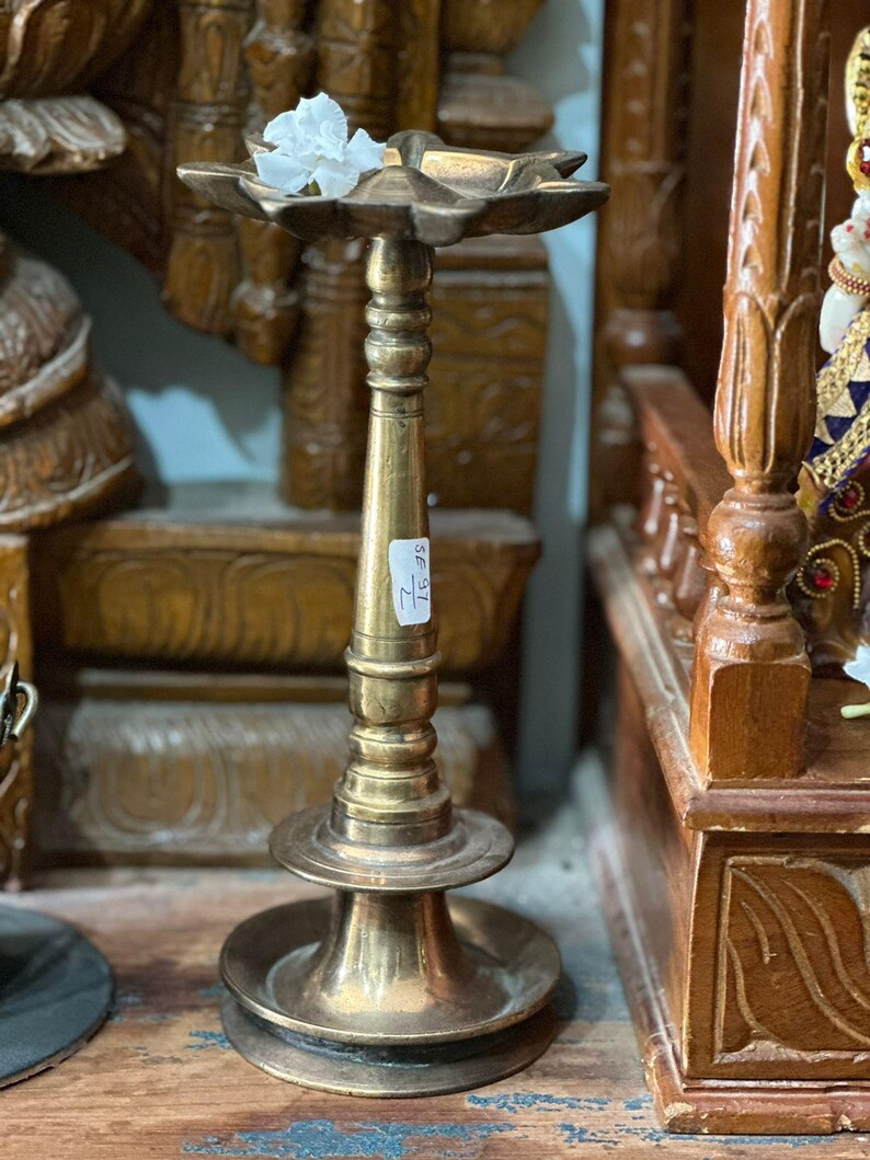 Vintage Brass Oil Lamp Set – Tall Indian Deepam Temple Decor (4x10 ...