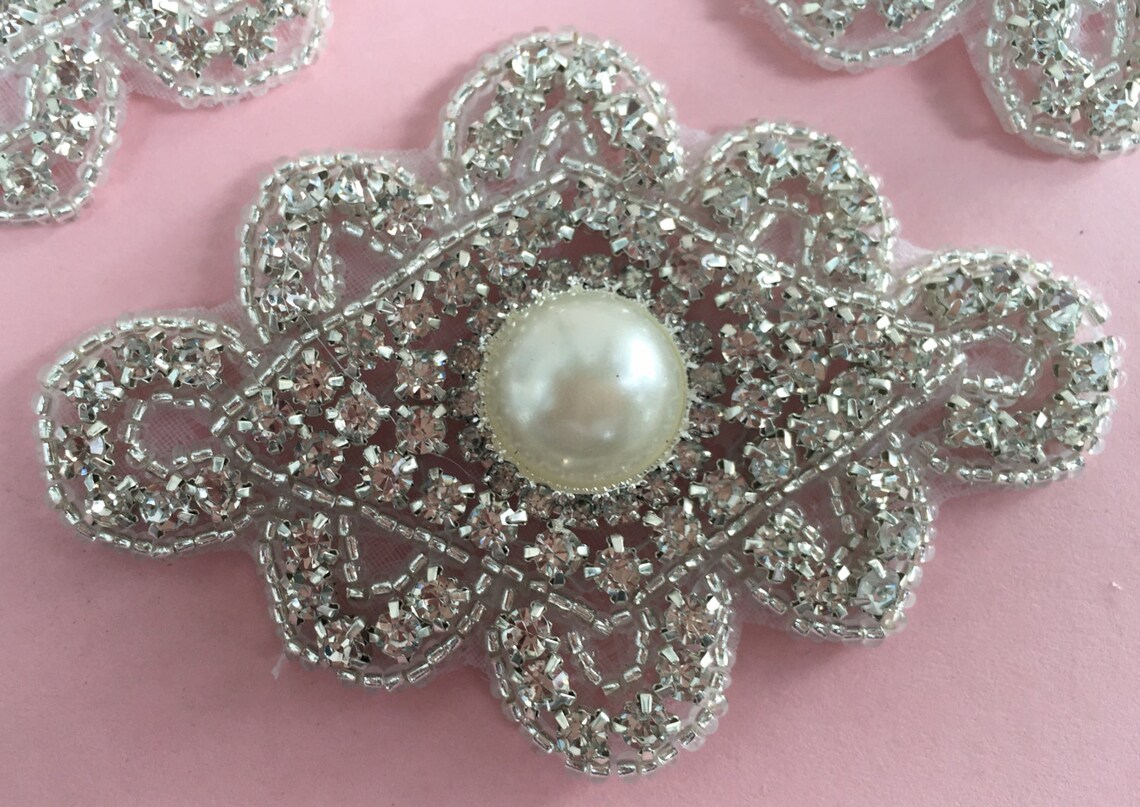 Applique RHINESTONE and BEADED With PEARL in Silver-3 1/2 X 2 - Etsy
