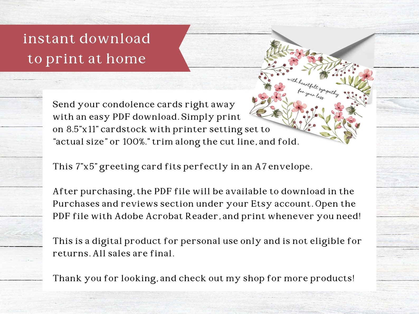 Printable Sympathy Card, Condolence Card, Sorry for Your Loss Card ...