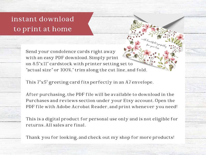 Printable Sympathy Card, Condolence Card, Sorry for Your Loss Card ...