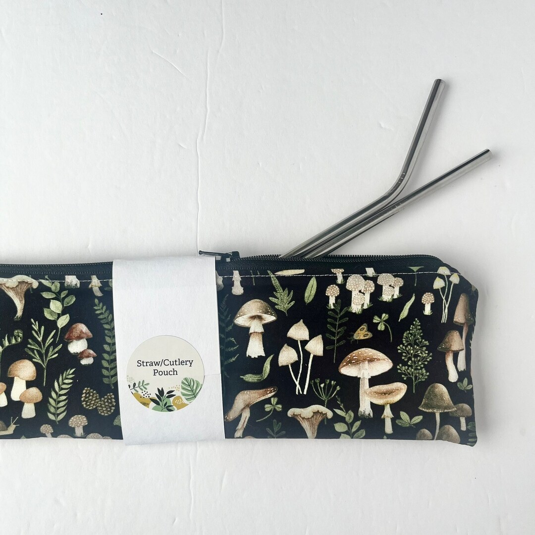 Mushrooms Reusable Straw Pouch, Fungi, Woodland, Cutlery Pouch, Zero ...