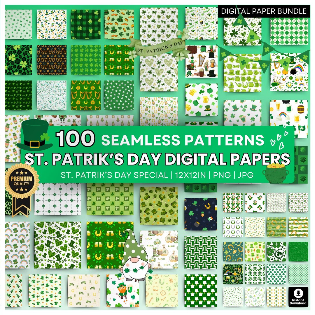 100 St. Patrick’s Day Digital Paper Bundle - Shamrock & Clover Patterns ...