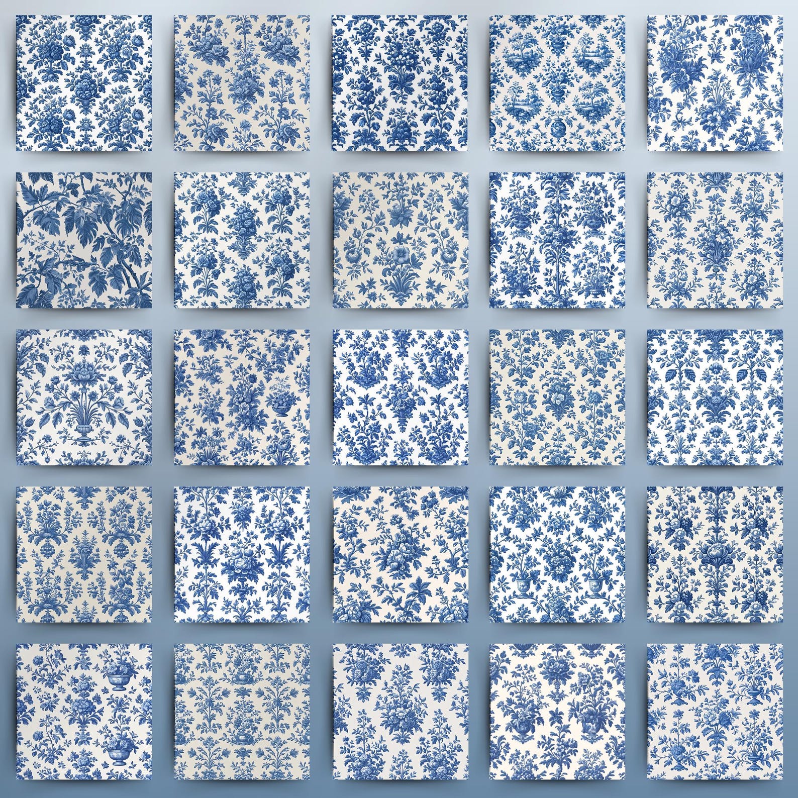 Blue Toile Digital Papers – Blue Floral Patterns – Wedding Digital ...