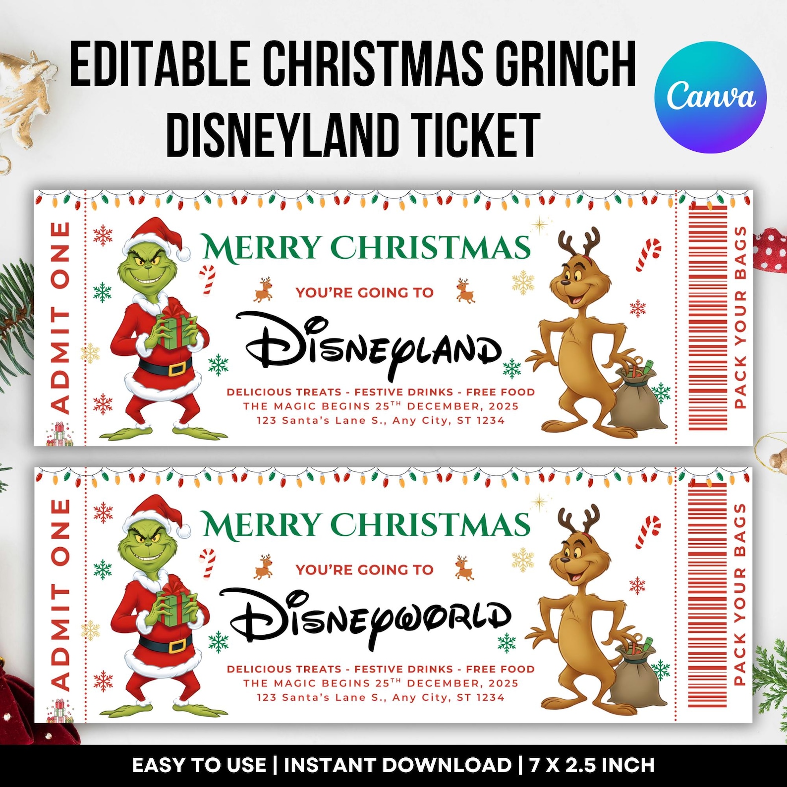 Editable Christmas Disneyland Ticket– Disneyworld Grinch Ticket ...