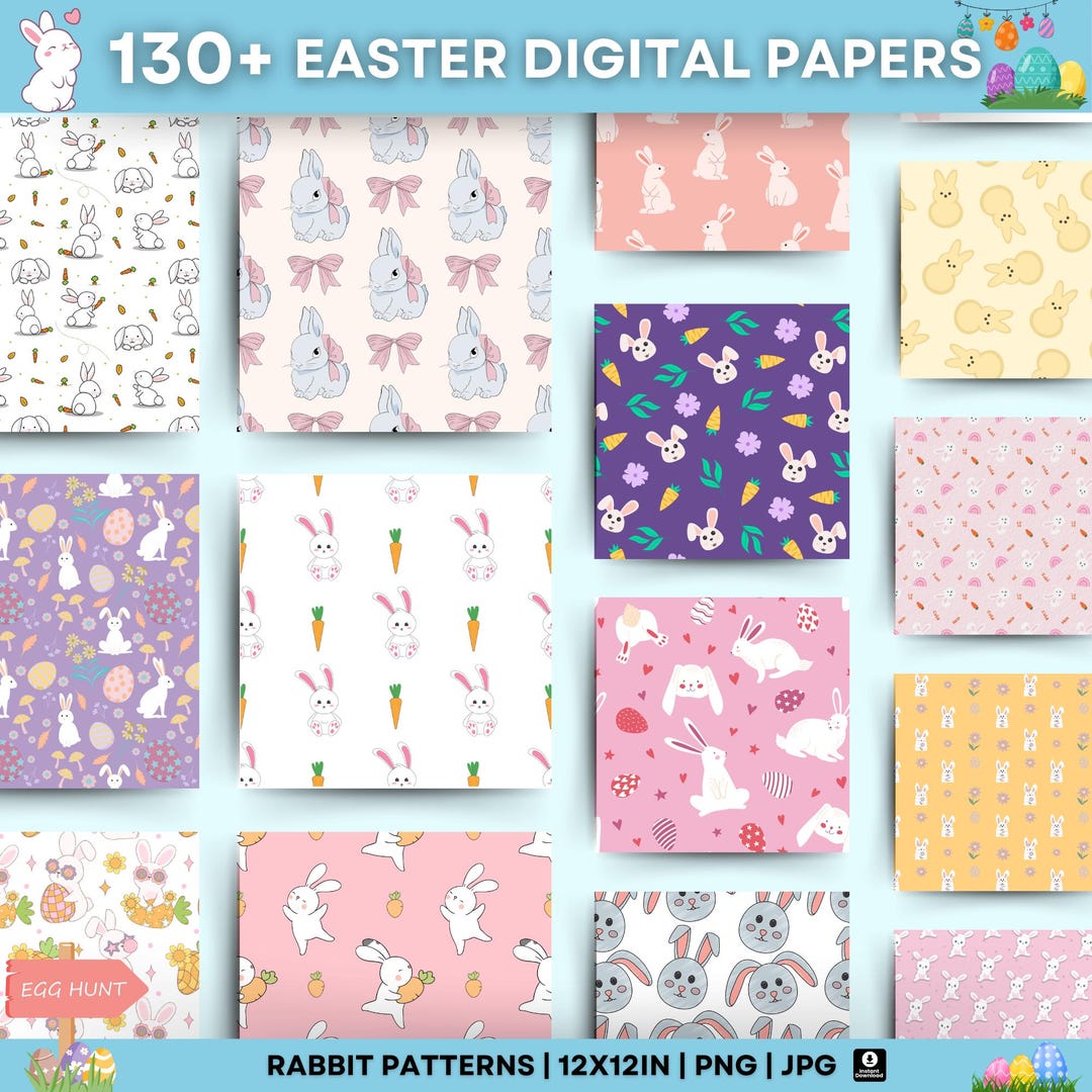 Easter Digital Paper Bundle - Bunny & Egg Patterns - Cute Bunny Designs ...