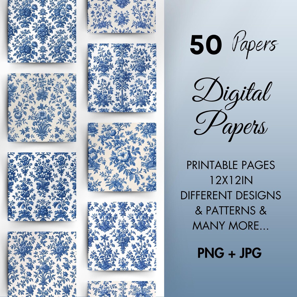 Blue Toile Digital Papers – Blue Floral Patterns – Wedding Digital ...