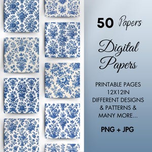 Blue Toile Digital Papers – Blue Floral Patterns – Wedding Digital ...