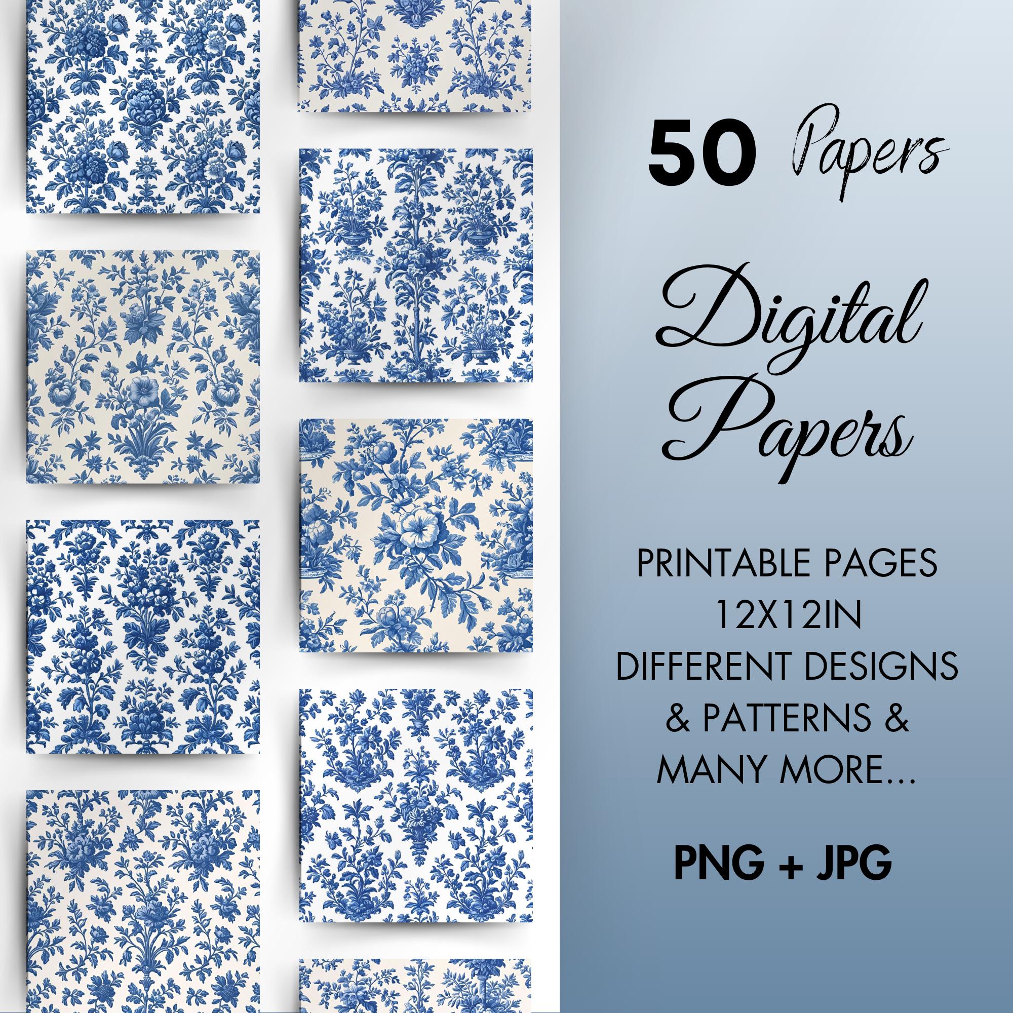 Blue Toile Digital Papers – Blue Floral Patterns – Wedding Digital ...