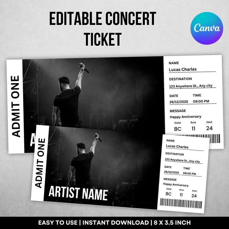 Editable Concert Ticket Template – Canva Concert Invitation – Printable ...