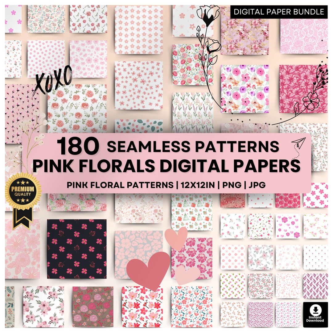Pink Florals Digital Paper Bundle - 180 Seamless Floral Patterns ...