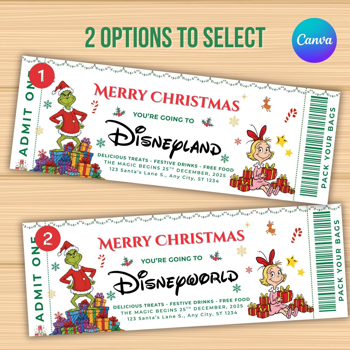 Editable Christmas Disneyland Ticket– Disneyworld Grinch Ticket ...