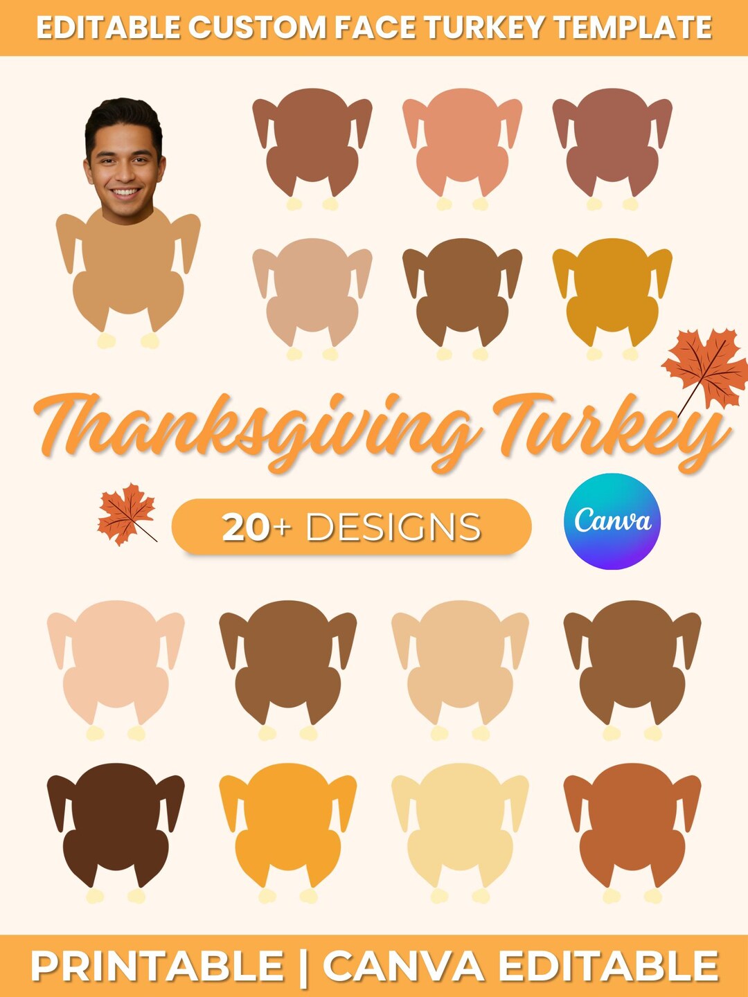 Turkey Face Cutout Printable– Editable Face Turkeys – Printable Kids ...