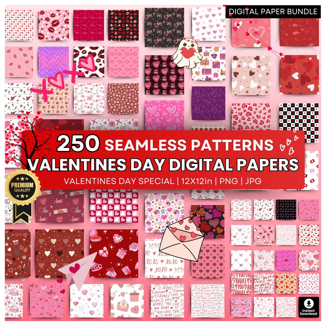 250 Valentine Digital Paper Bundle - Seamless Patterns - 12x12in ...