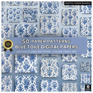 Blue Toile Digital Papers – Blue Floral Patterns – Wedding Digital ...