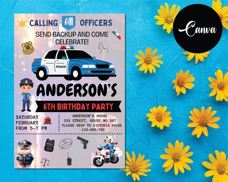 Editable Police Birthday Invitation Template, Police Officer Invitation ...