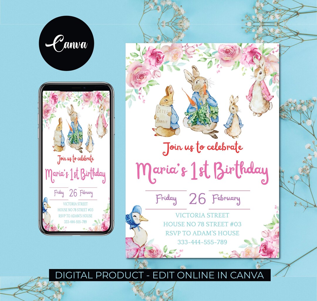 Peter Rabbit First Birthday Invitation, Rustic Bunny, Editable Invite ...