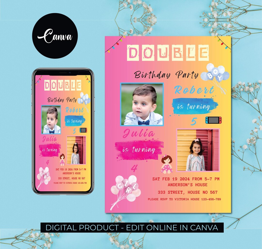 Editable Sibling Birthday Invitation, Double Birthday Invitation, Boy ...