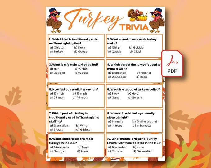 Turkey Trivia Game, Thanksgiving Party Game, Fall Trivia Game ...