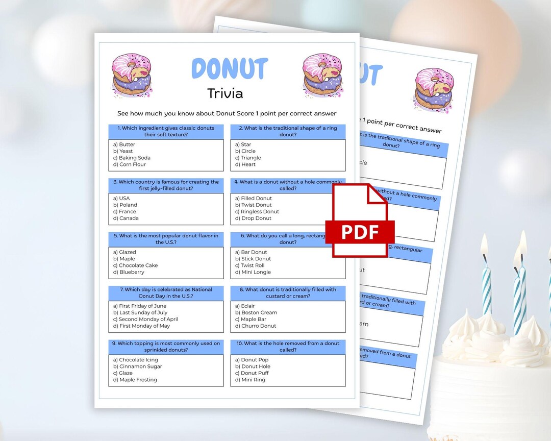 Donut Trivia Game,printable Doughnut Game for Kids & Adults, National ...