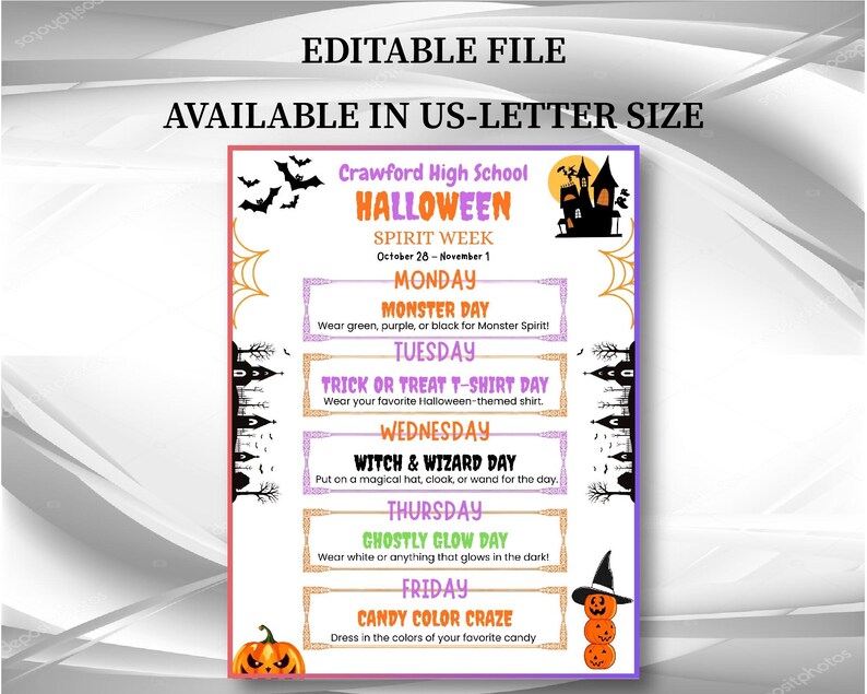 Editable Halloween School Spirit Week Flyer, PTO Schedule, October ...