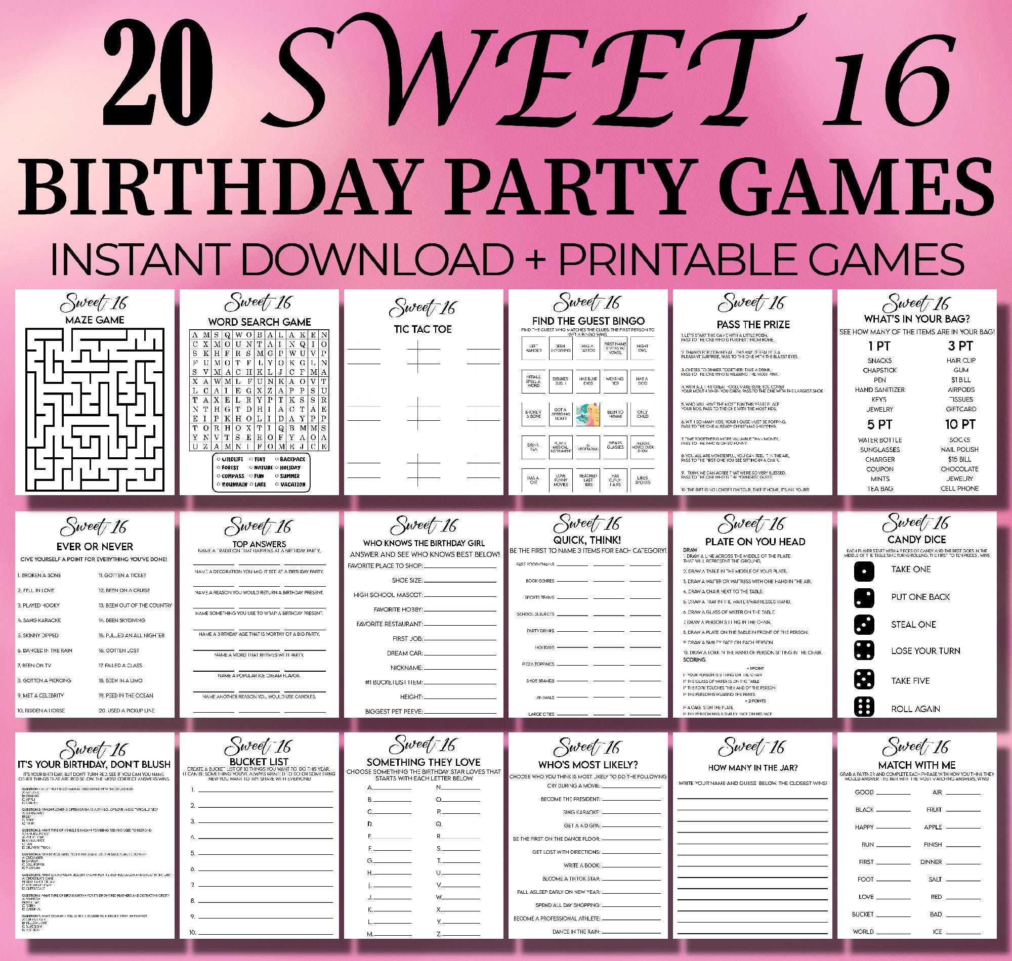 20 Sweet 16 Games Bundle, Sweet 16 Birthday Party, Sweet 16 Birthday ...
