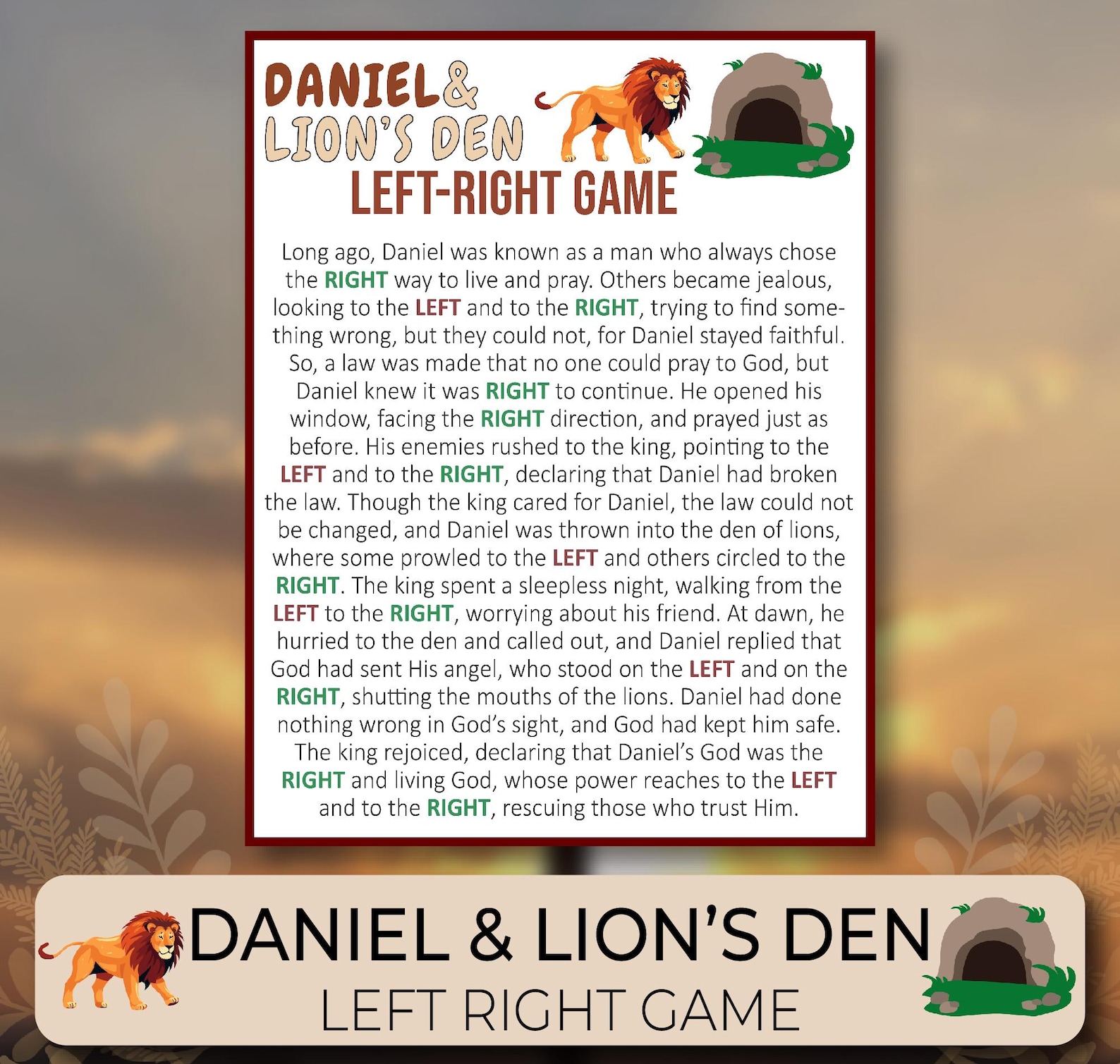 Bible Left Right Game Party Game, Daniel in the Lions Den, Daniel Lion ...